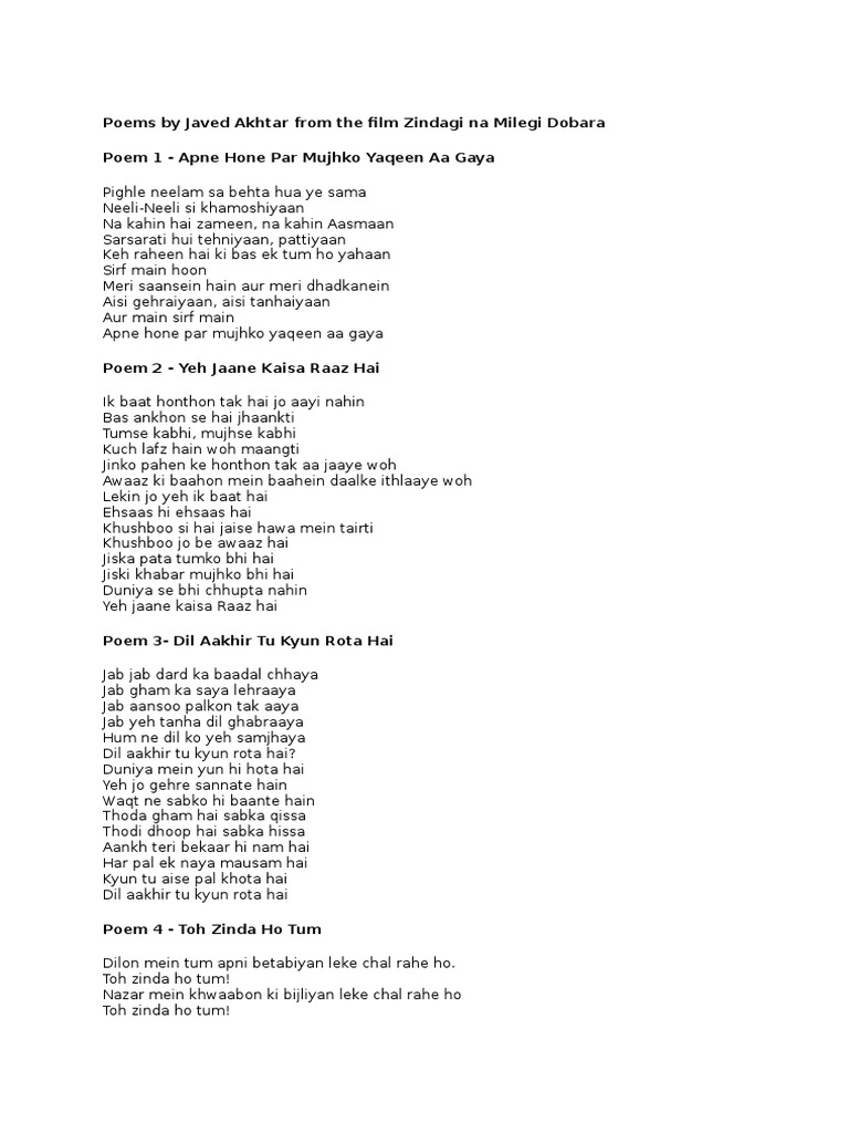 Javed Akhtar's Poems from ZNMD | PDF