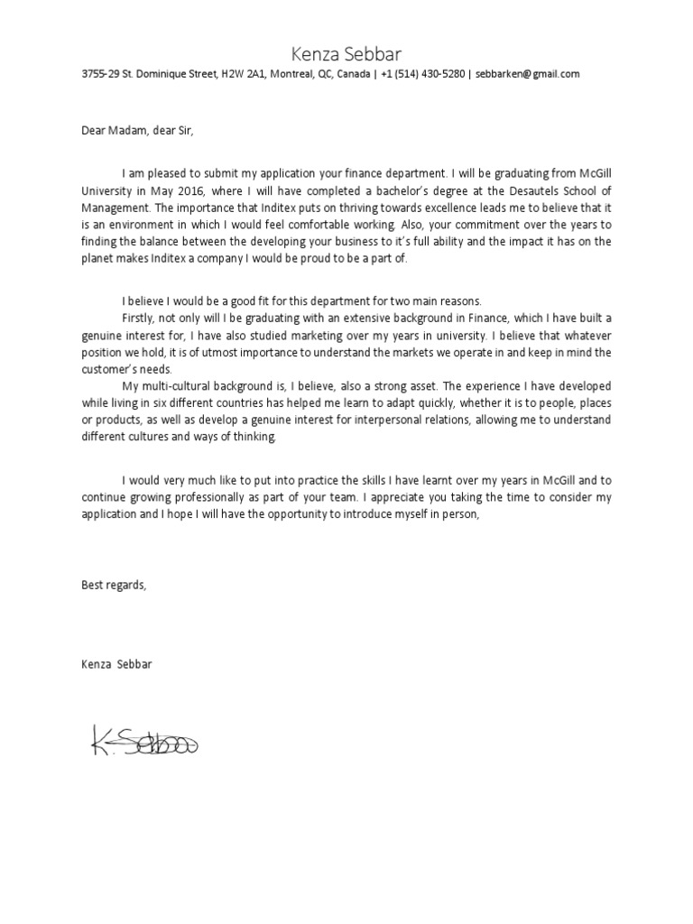 Kenza Sebbar - Cover Letter | PDF | Cognition | Psychological Concepts