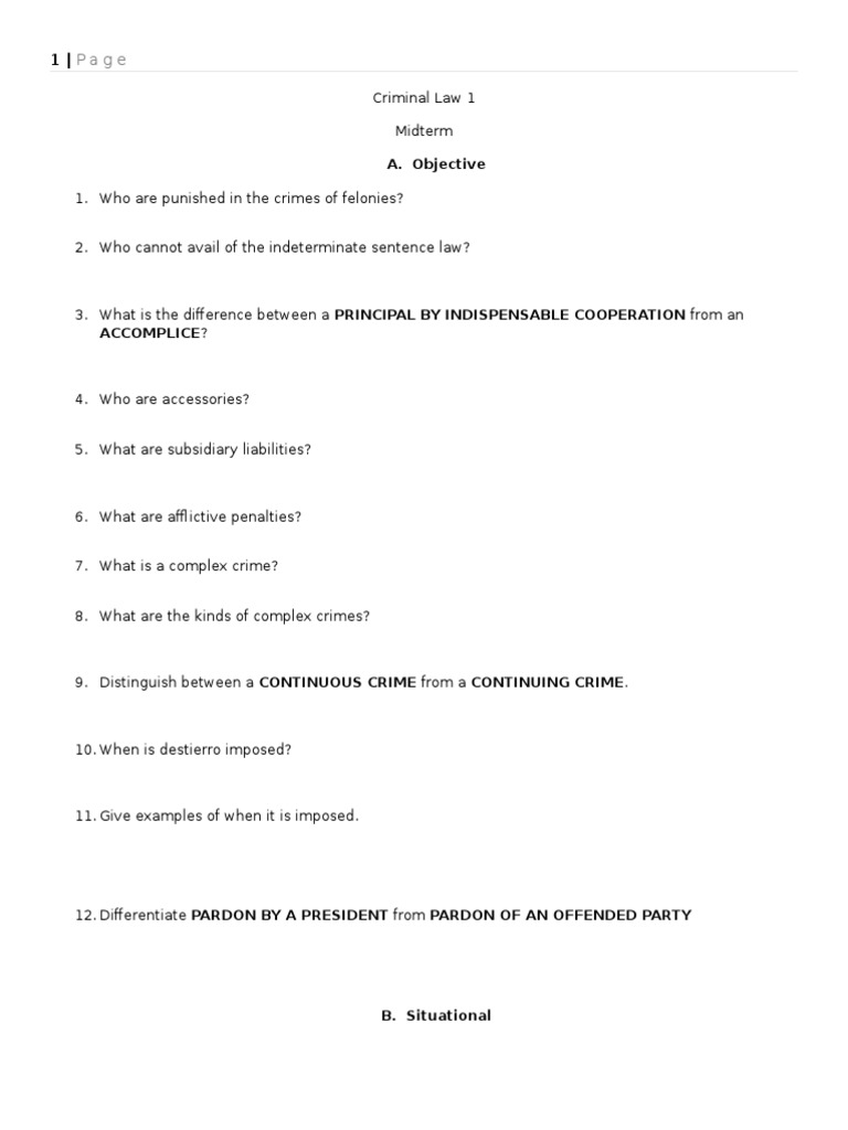 Criminal Law 1 Midterm Exam Questions | PDF | Law | Mystery, Thriller ...