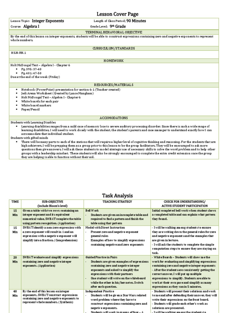 9th Grade Algebra: Integer Exponents | PDF | Exponentiation | Integer