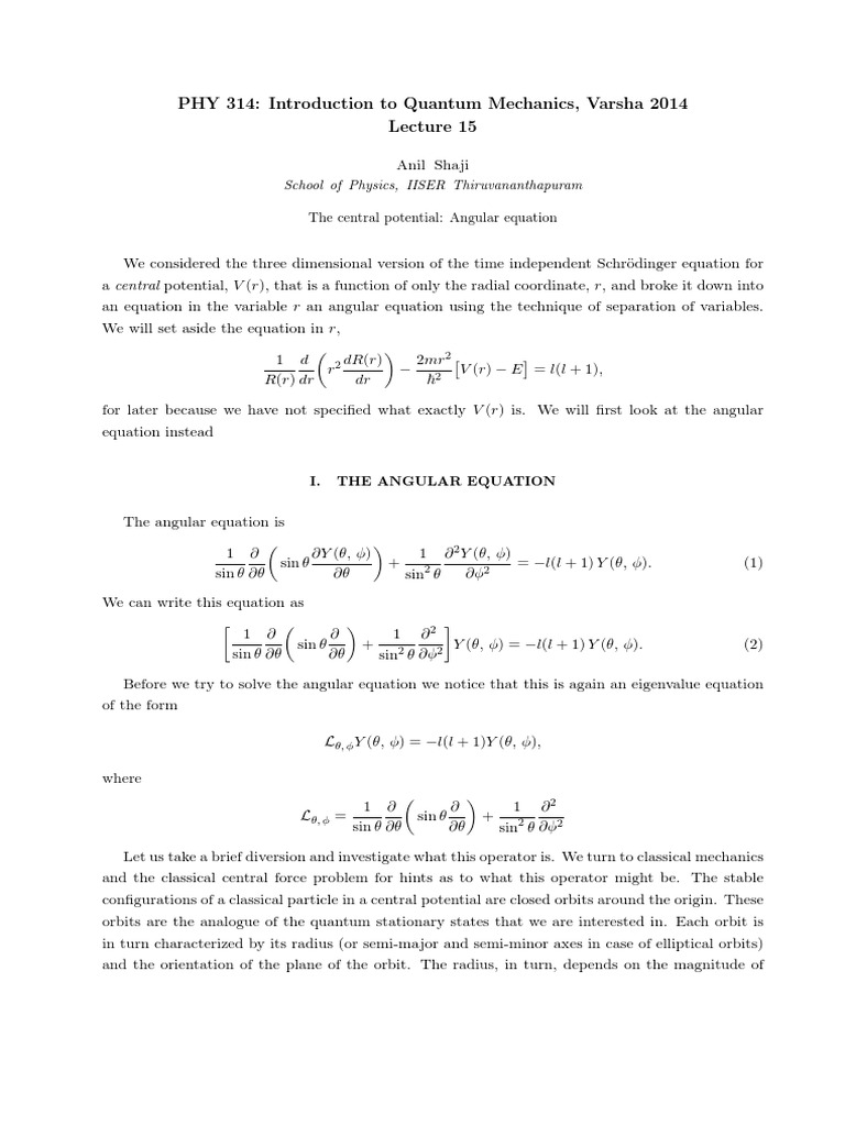 PHY 314: Introduction To Quantum Mechanics, Varsha 2014 | PDF | Wave ...