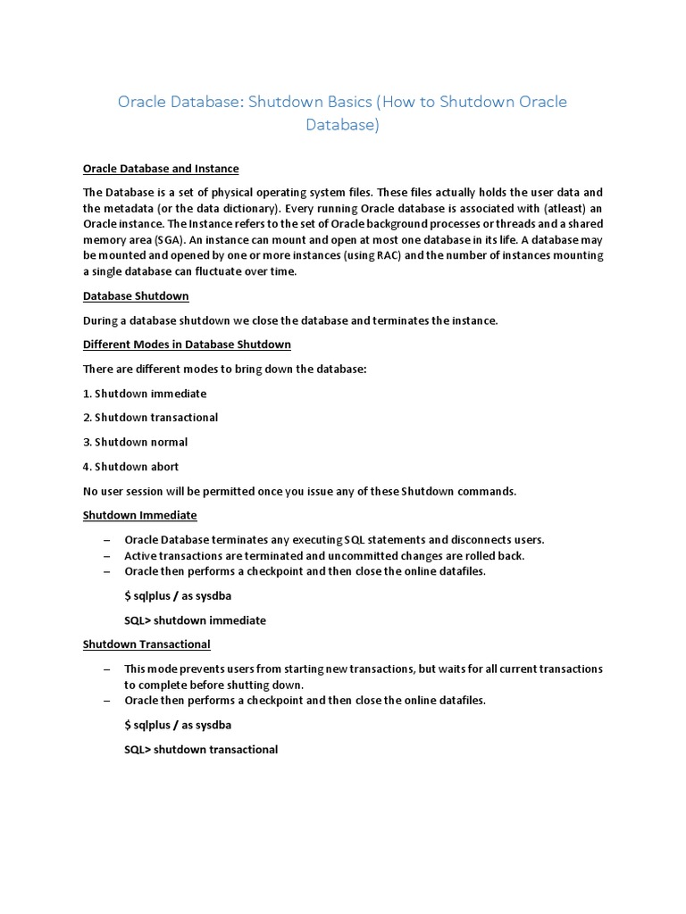 Oracle Database Shutdown Basics | Download Free PDF | Oracle Database | Database Transaction