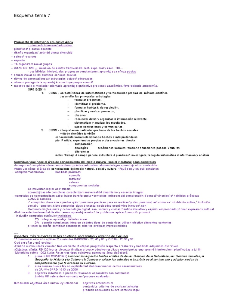 Esquema Tema 7 Oposiciones Primaria | PDF | Plan de estudios ...