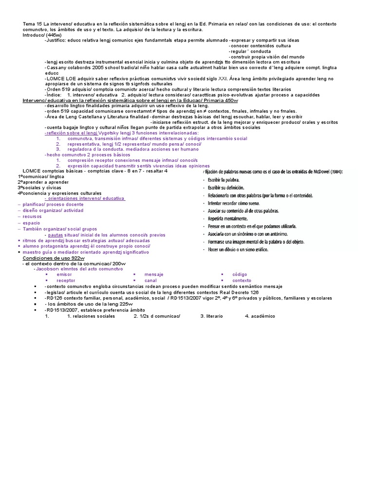 Esquema Tema 15 Oposiciones Primaria | PDF | Lectura (proceso) | Escritura