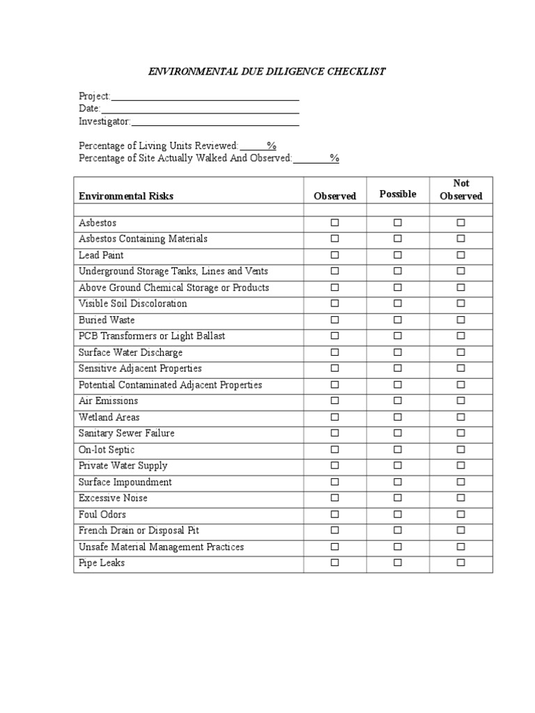 1 - Environmental Due Diligence Checklist | PDF