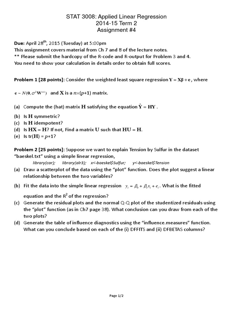 Cu 3008assignment 4 - Due Apr 28th | PDF | Multicollinearity | Regression Analysis