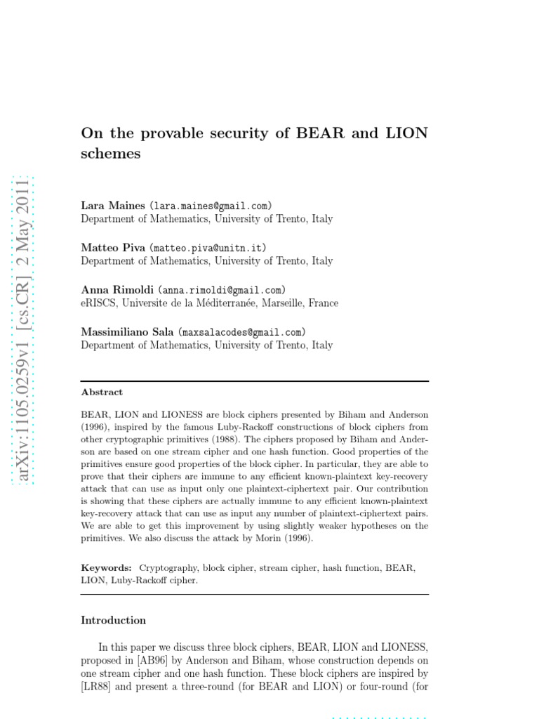 On The Provable Security of BEAR and LION Schemes | PDF | Cryptography ...