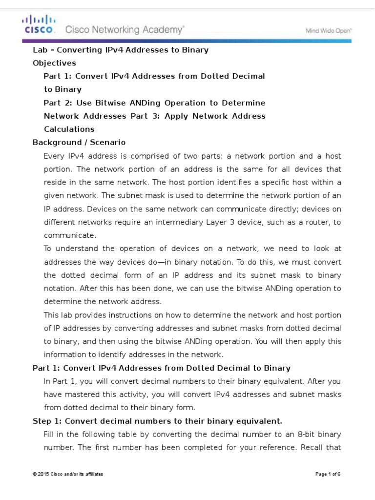7.1.2.9 Lab - Converting IPv4 Addresses To Binary | PDF | Ip Address | Gateway (Telecommunications)