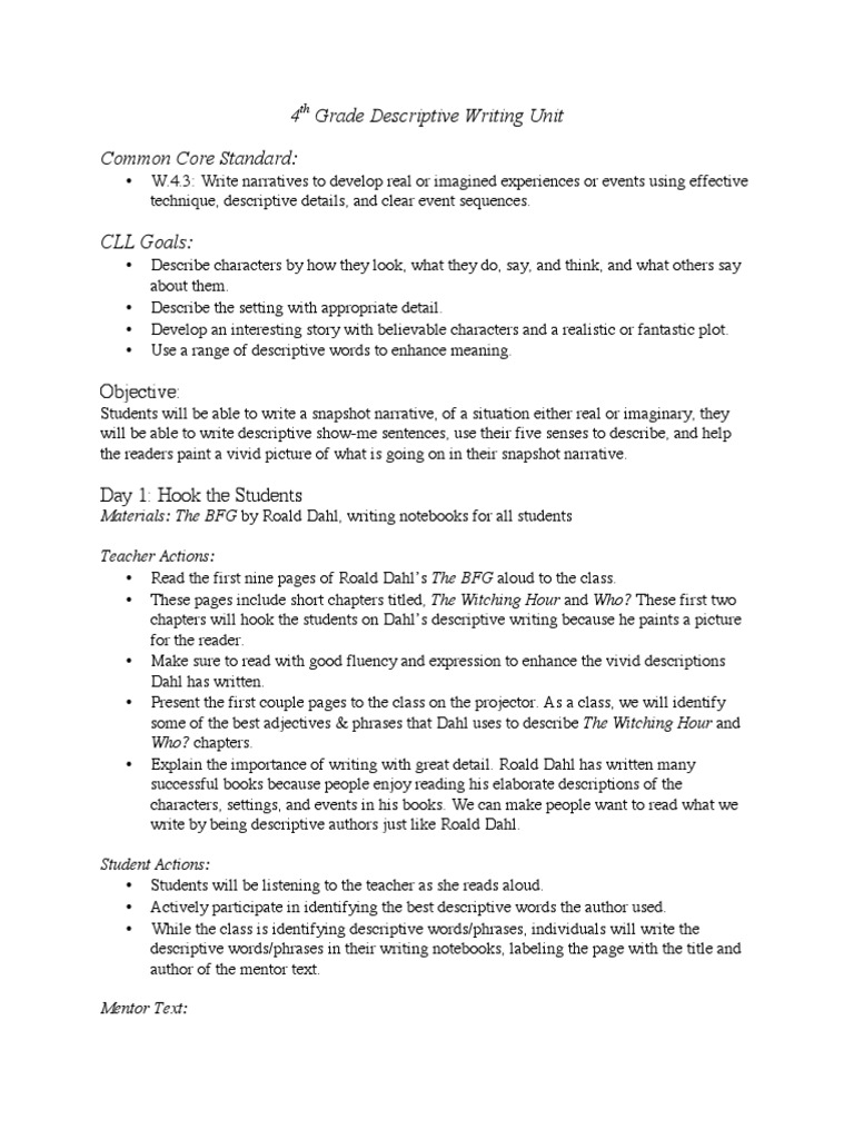 4 Grade Descriptive Writing Unit Common Core Standard:: Objective | PDF ...