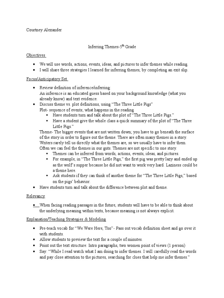 Inferring Themes in 5th Grade Reading | PDF | Reading Comprehension ...