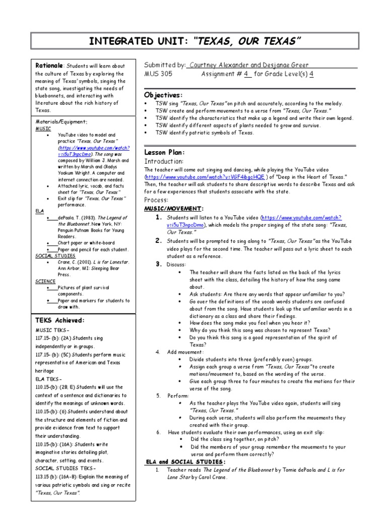 Texas Our Texas Integrated Unit Lesson | PDF | Photosynthesis | Singing