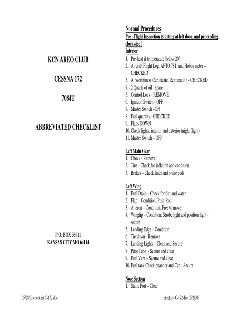 Cessna 172 Preflight and Landing Checklist | PDF | Business | Science ...