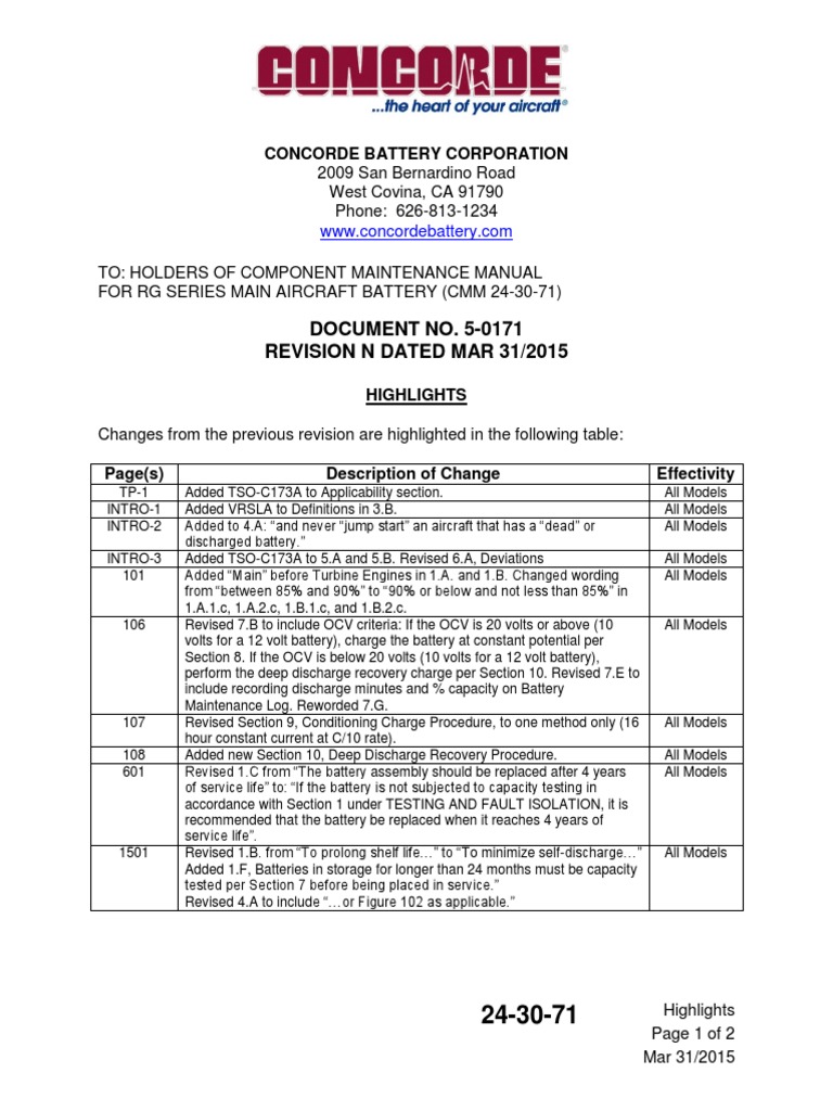 Concorde Battery Component Maintenance Manual | PDF | Battery ...