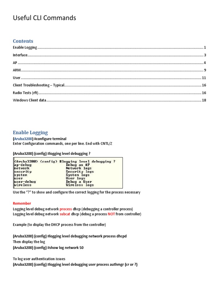 Aruba Useful CLI Commands-V1 | PDF | Wireless Lan | Internet Architecture Aruba Useful CLI Commands-V1 | PDF | Wireless Lan | Internet Architecture