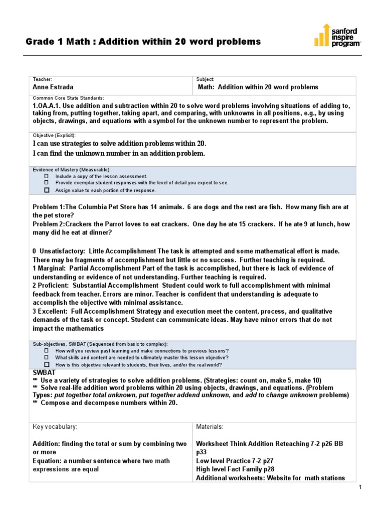 Grade 1 Addition Word Problems Guide | PDF | Common Core State ...