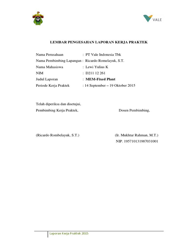 Lembar Pengesahan Laporan Kerja Praktek | PDF