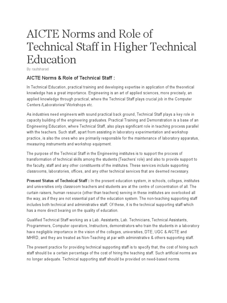 AICTE Norms and Role of Technical Staff in Higher Technical Education ...