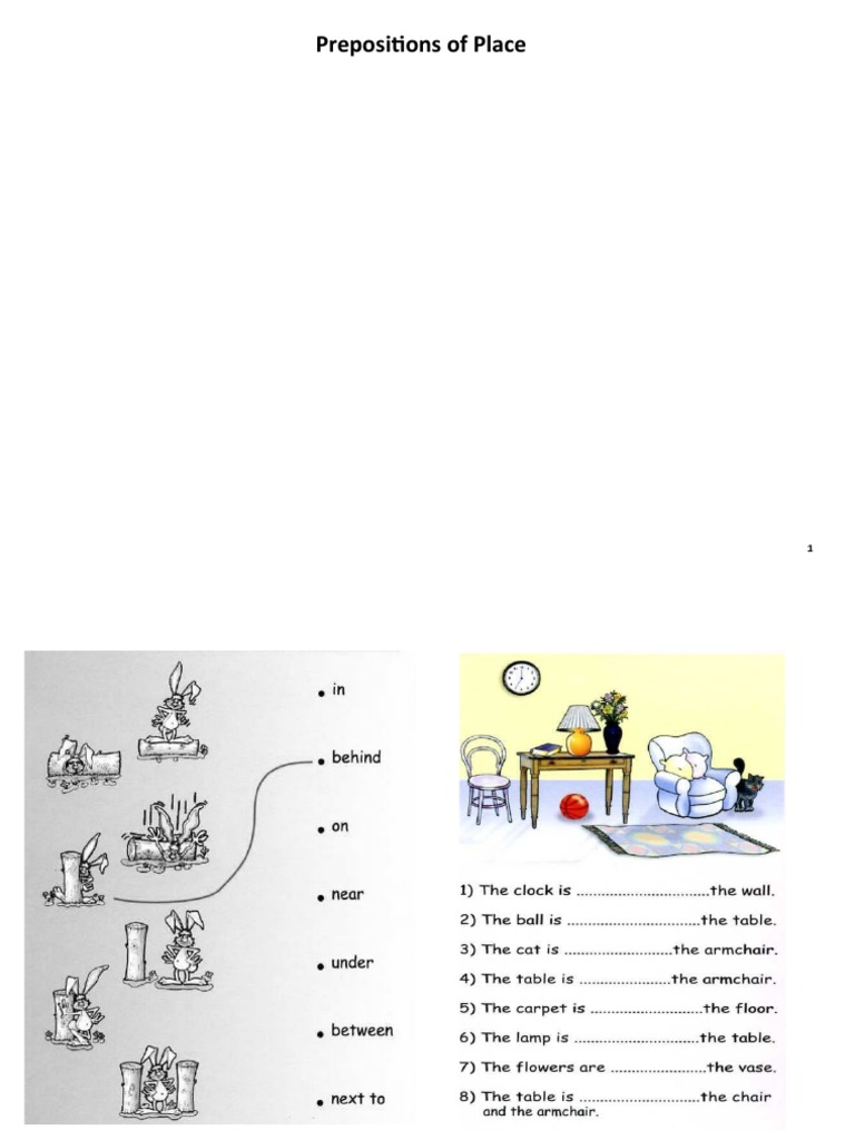 Prepositions of Place Exercises With Pictures | PDF