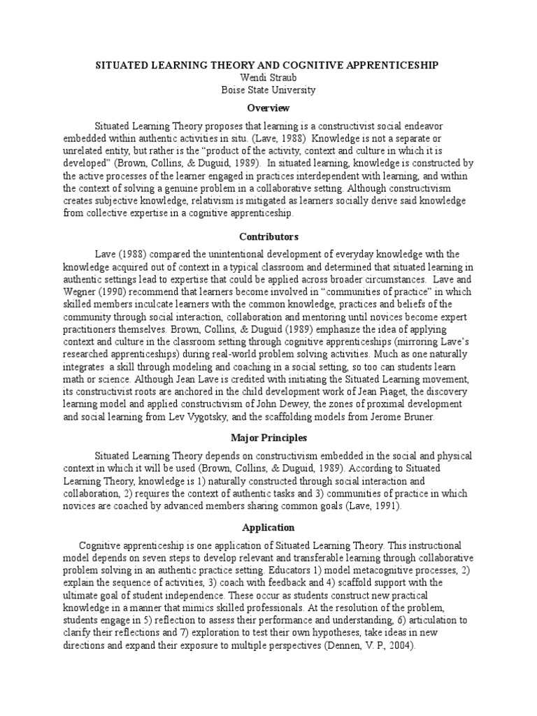 Situated Learning Theory and Cognitive Apprenticeship | PDF ...
