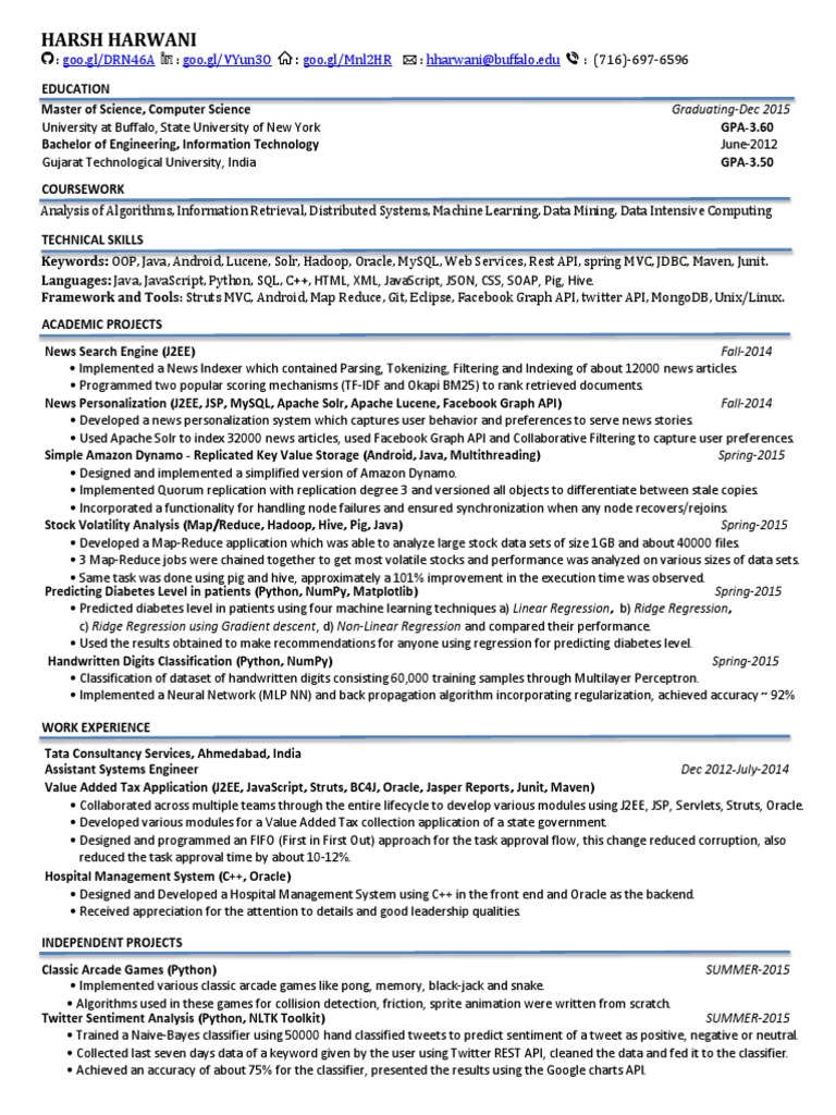 Resume | Search Engine Indexing | Apache Solr