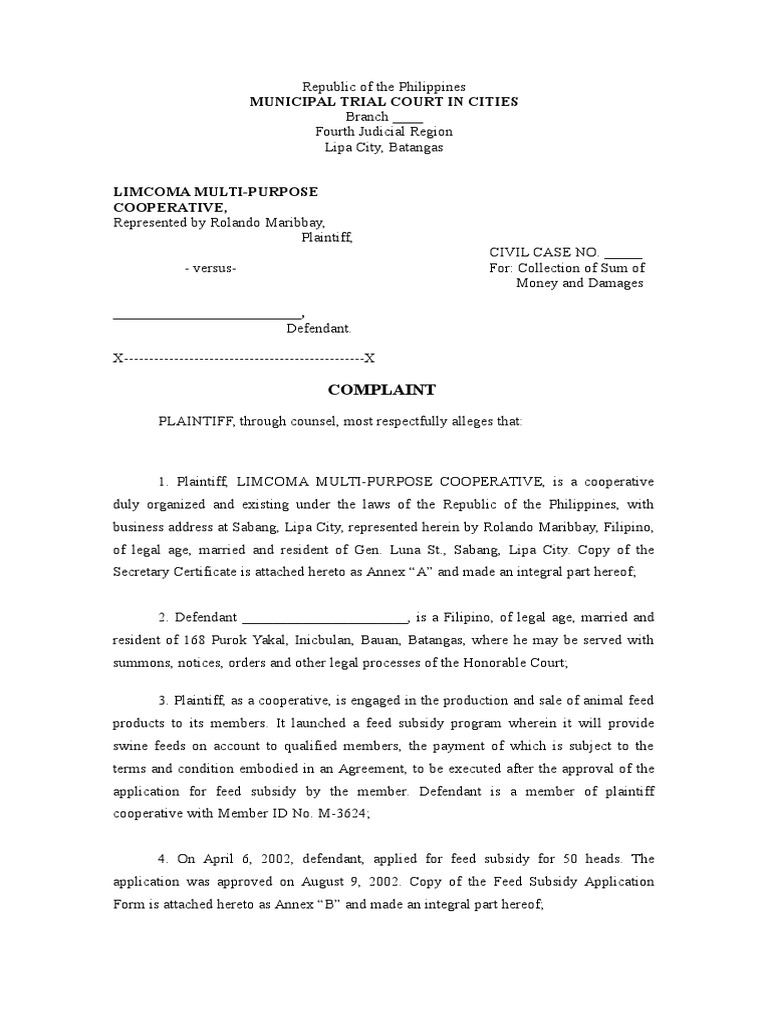 Sample Complaint For Collection | PDF | Lawsuit | Cheque