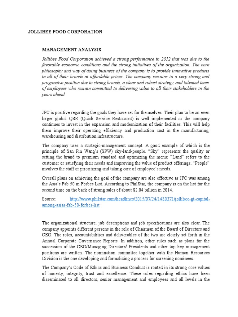 Jollibee Food Corporation Management Overview | PDF | Business ...