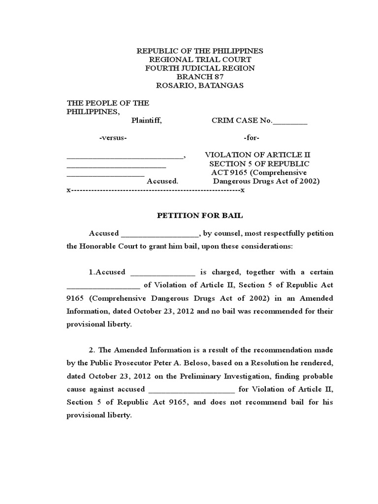 Sample Petition For Bail | PDF | Article Two Of The United States ...