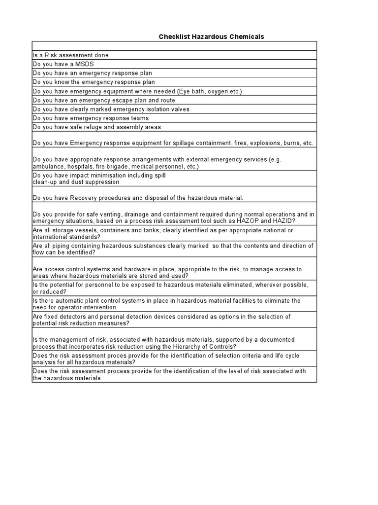 Hazardous Chemicals Safety Checklist | PDF | Dangerous Goods | Prevention