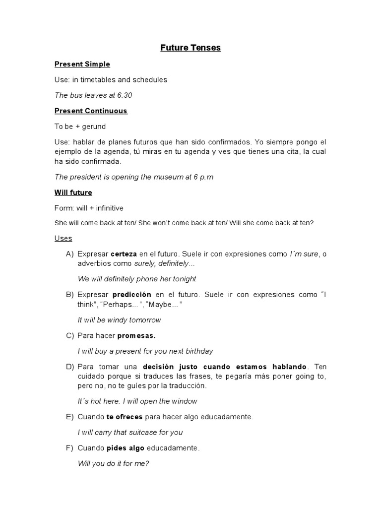 Tiempos Futuros en Inglés: Teoría y Ejemplos | PDF
