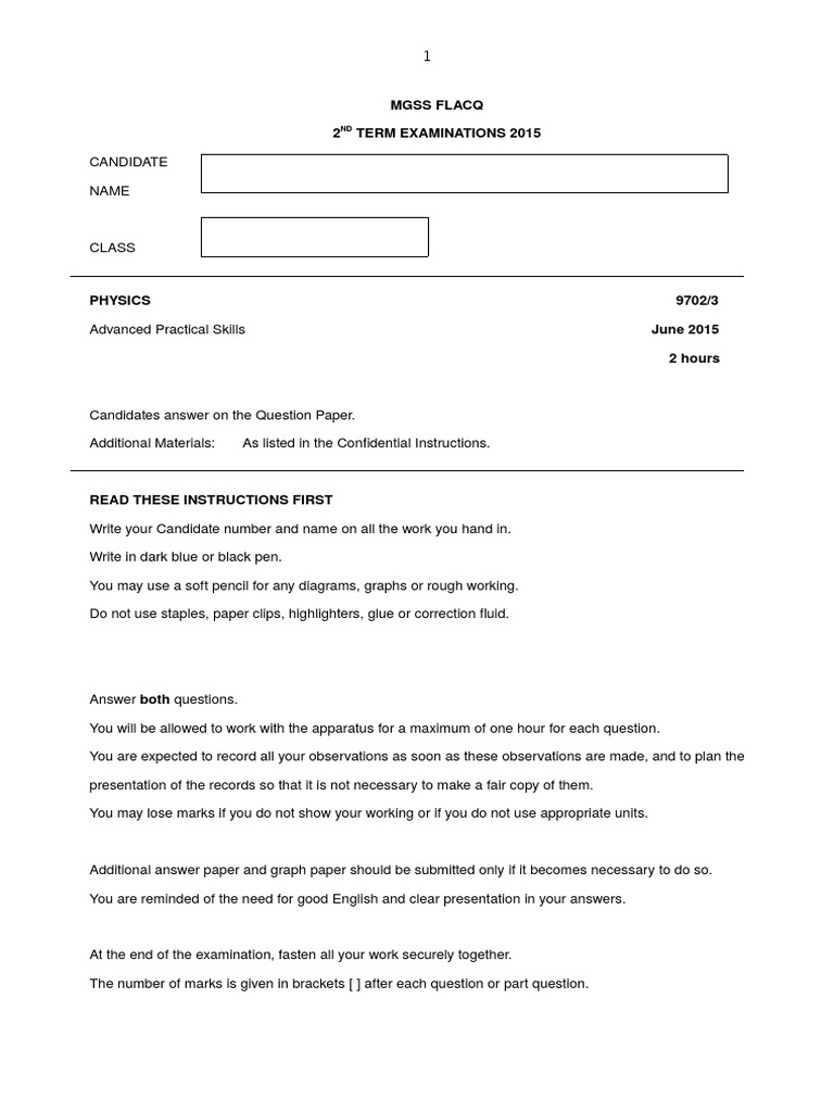 Mgss Flacq 2 Term Examinations 2015 | PDF | Uncertainty | Resistor