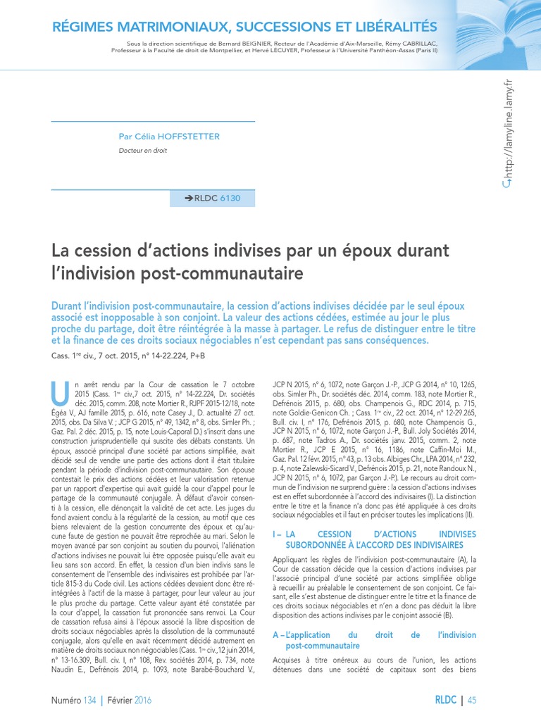 Cession d'actions indivises et consentement | PDF