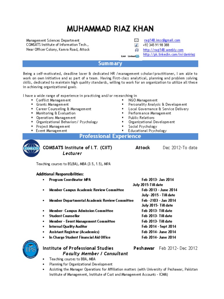 Muhammad Riaz Khan Lecturer CV - Jan 2016 | PDF | Human Resource Management | Pakistan