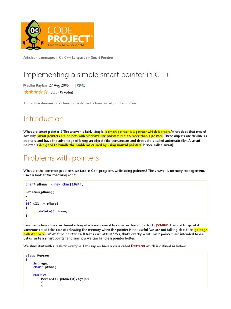 Implementing A Simple Smart Pointer In C Codeproject Pdf Pointer Computer 8207