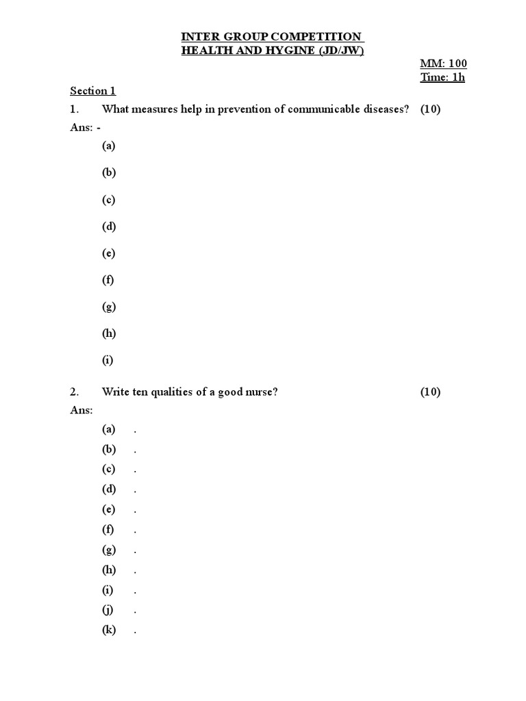 Health and Hygine Test Paper | Hygiene | Infection
