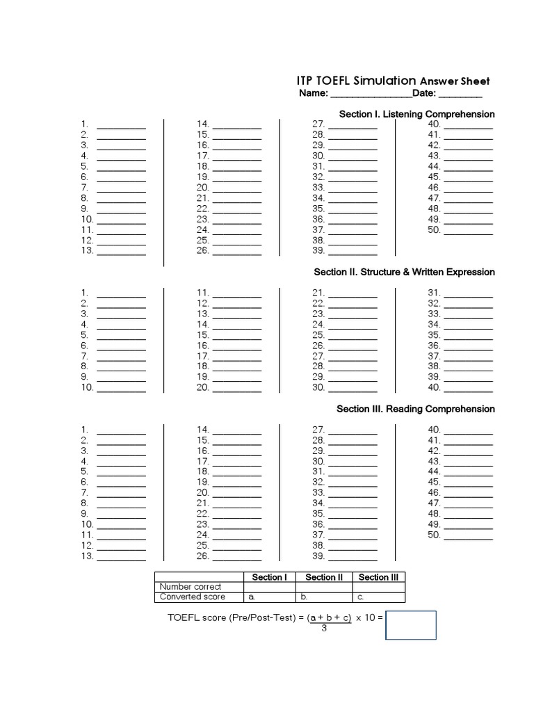 ITP TOEFL - Simulation Answer Sheet | PDF