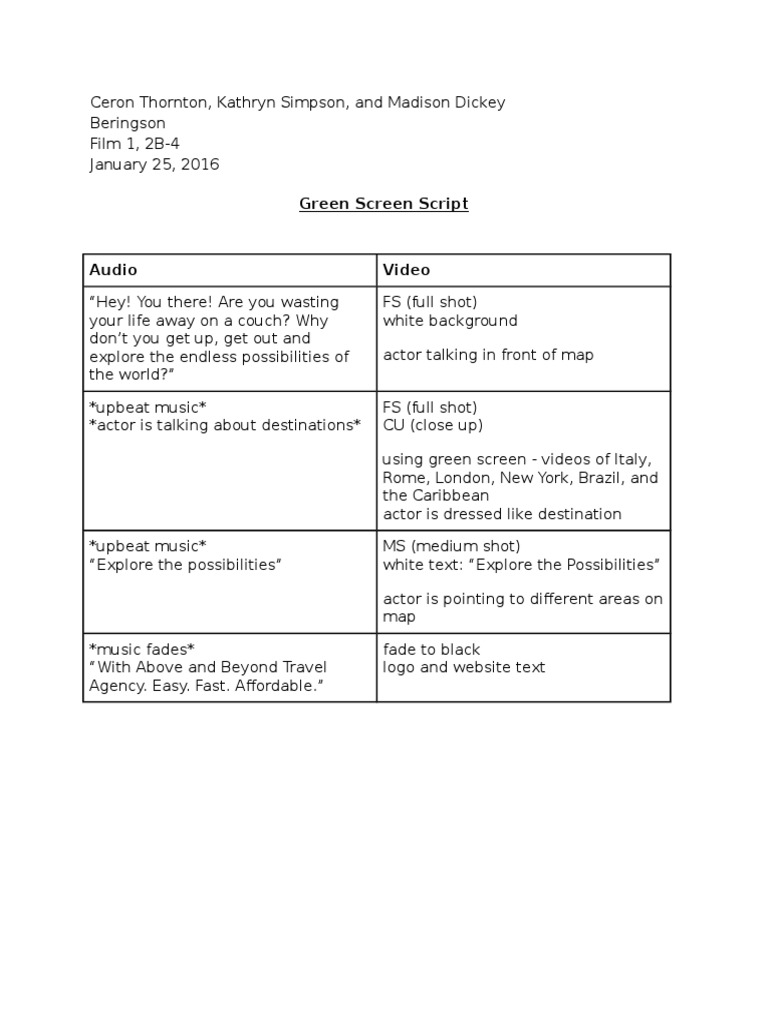 Green Screen Travel Promo Script | PDF
