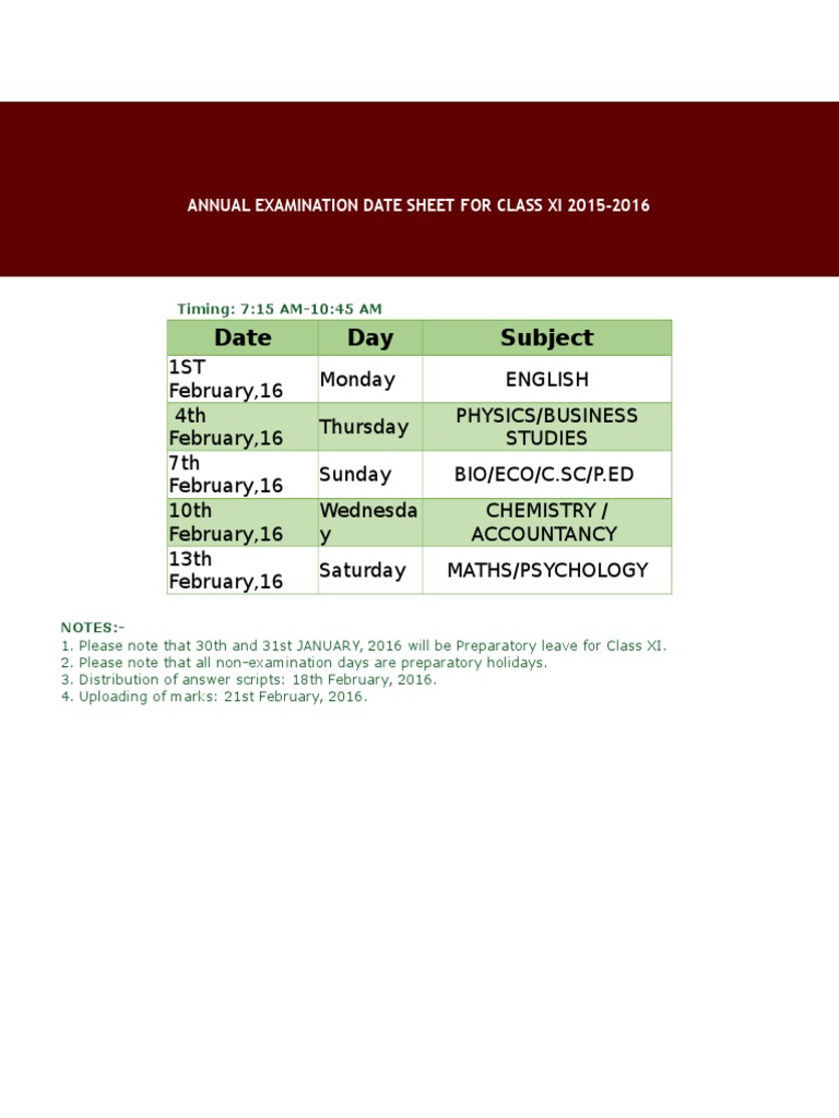 Annual Examination Date Sheet For Class Xi 2015 | PDF