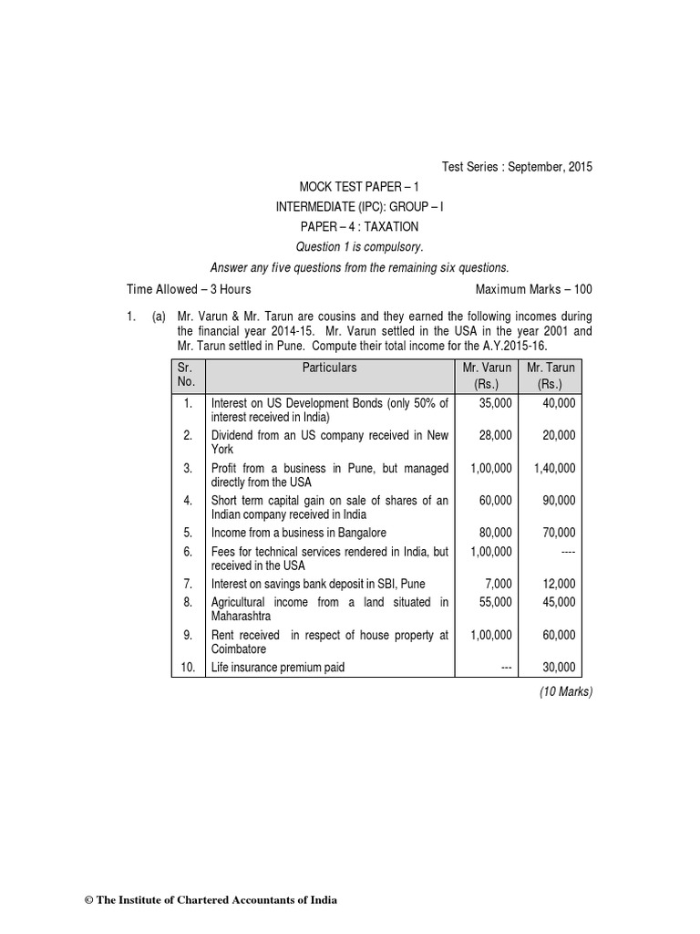 Test Series: September, 2015 Mock Test Paper - 1 Intermediate (Ipc ...