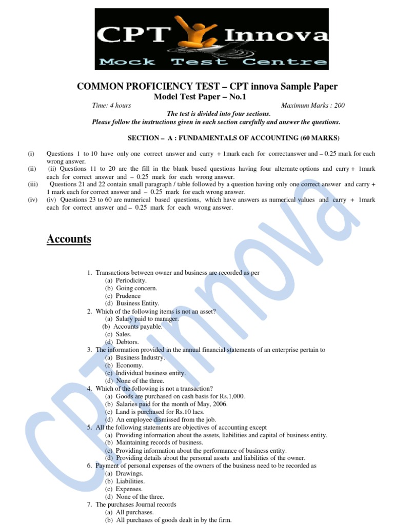 Accounts: Common Proficiency Test - CPT Innova Sample Paper | PDF ...