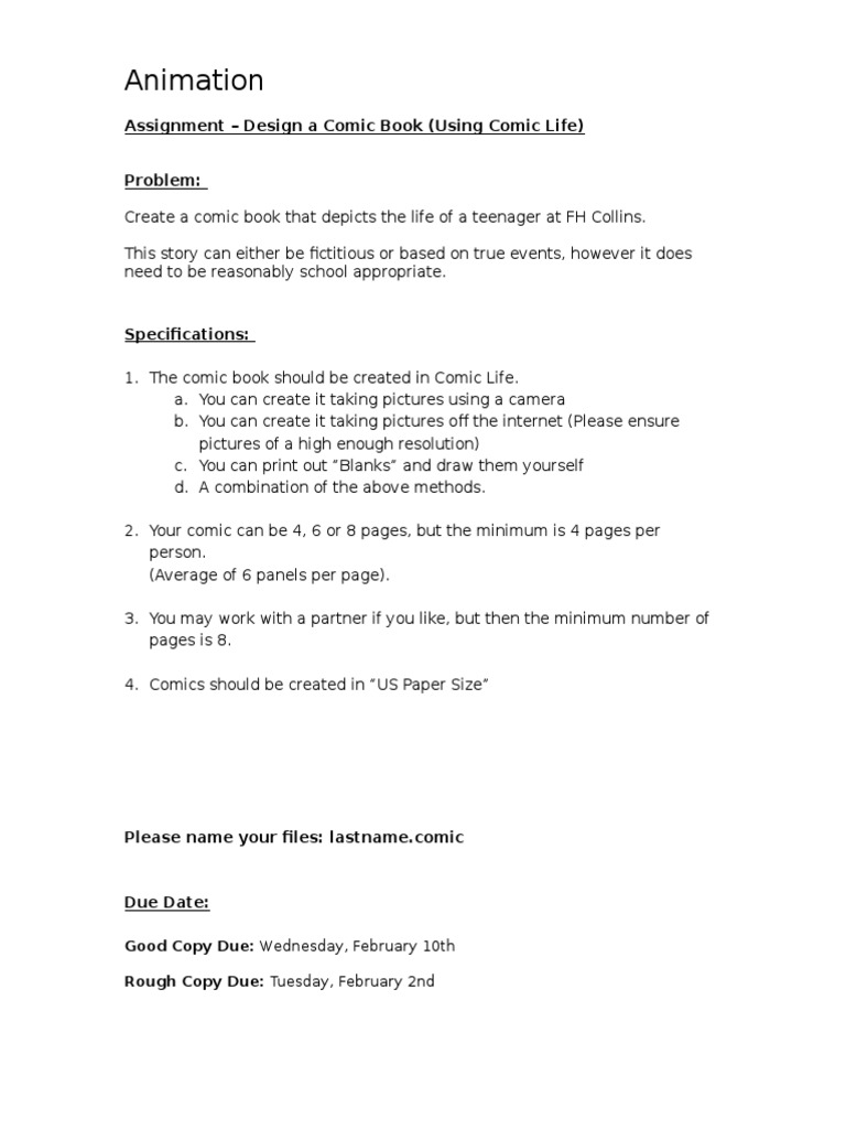 Comic Book Assignment Sheet | PDF