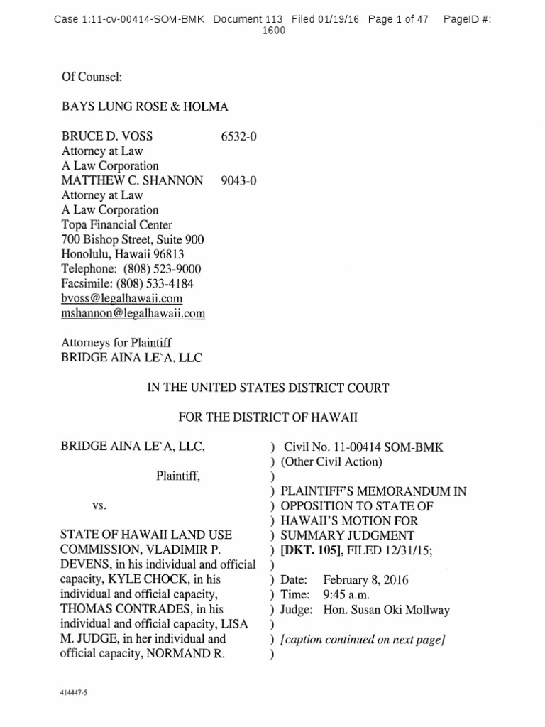 Plaintiff's Memorandum in Opposition To State of Hawaii's Motion For Summary Judgment, Bridge ...
