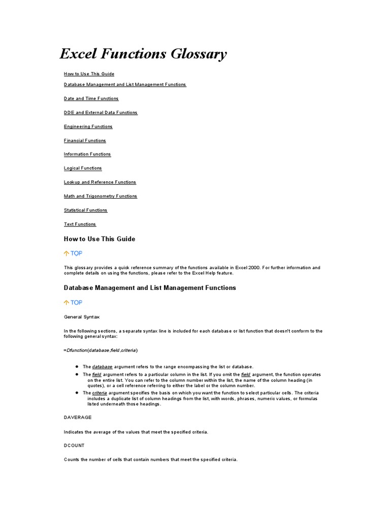 Excel Functions Glossary: How To Use This Guide | PDF