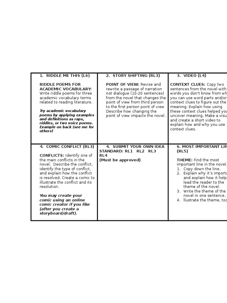 Tic Tac Toe Literary Analysis Hatchet | PDF | Narration | Riddle