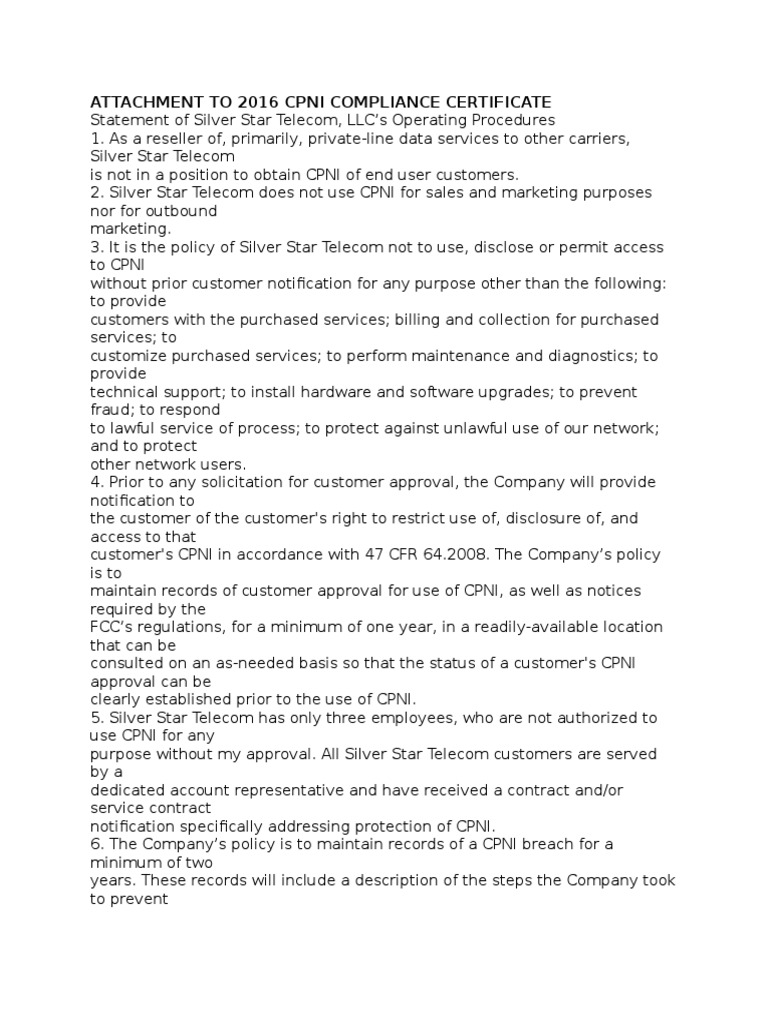 Attachment To 2016 Cpni Compliance Certificate | PDF | Service Of ...