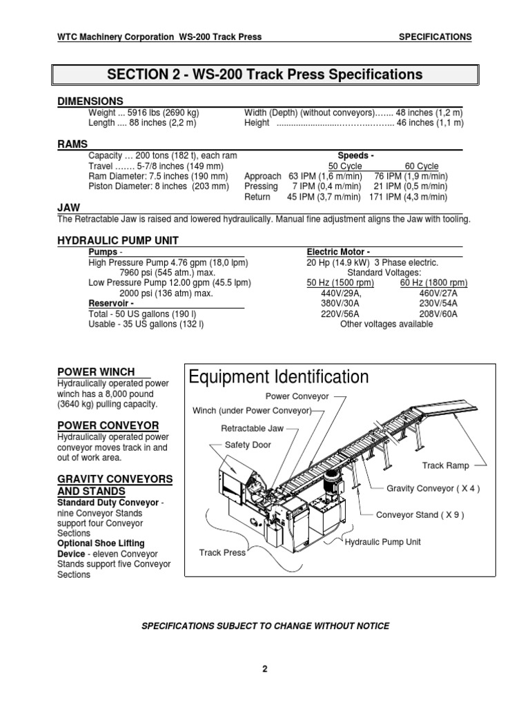 WTC Machinery Corporation WS-200 Track Press Specifications | PDF ...