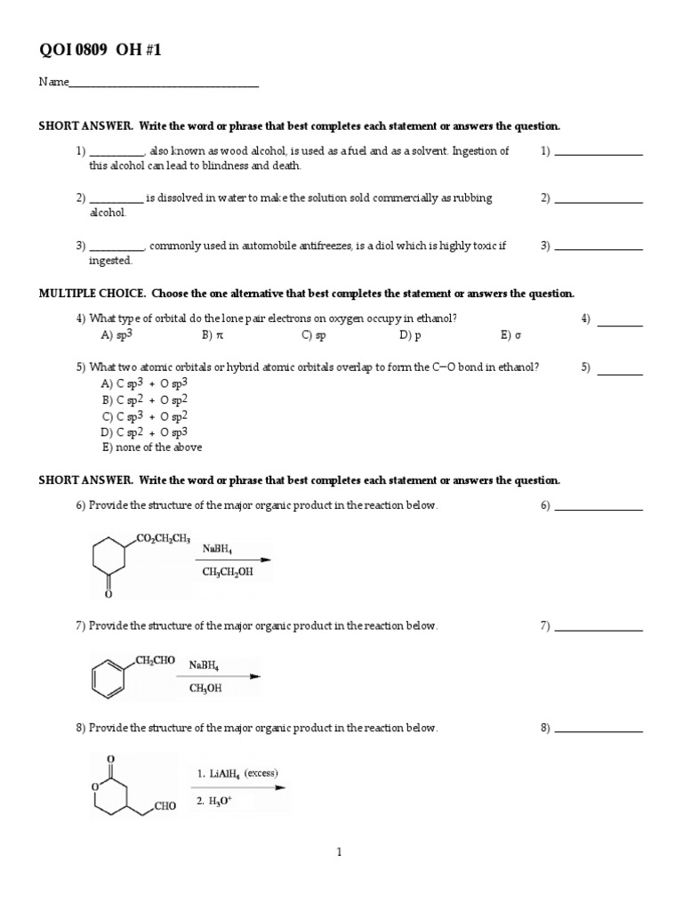 Organic Chemistry Practice Problems Involving Alcohols, Grignard ...