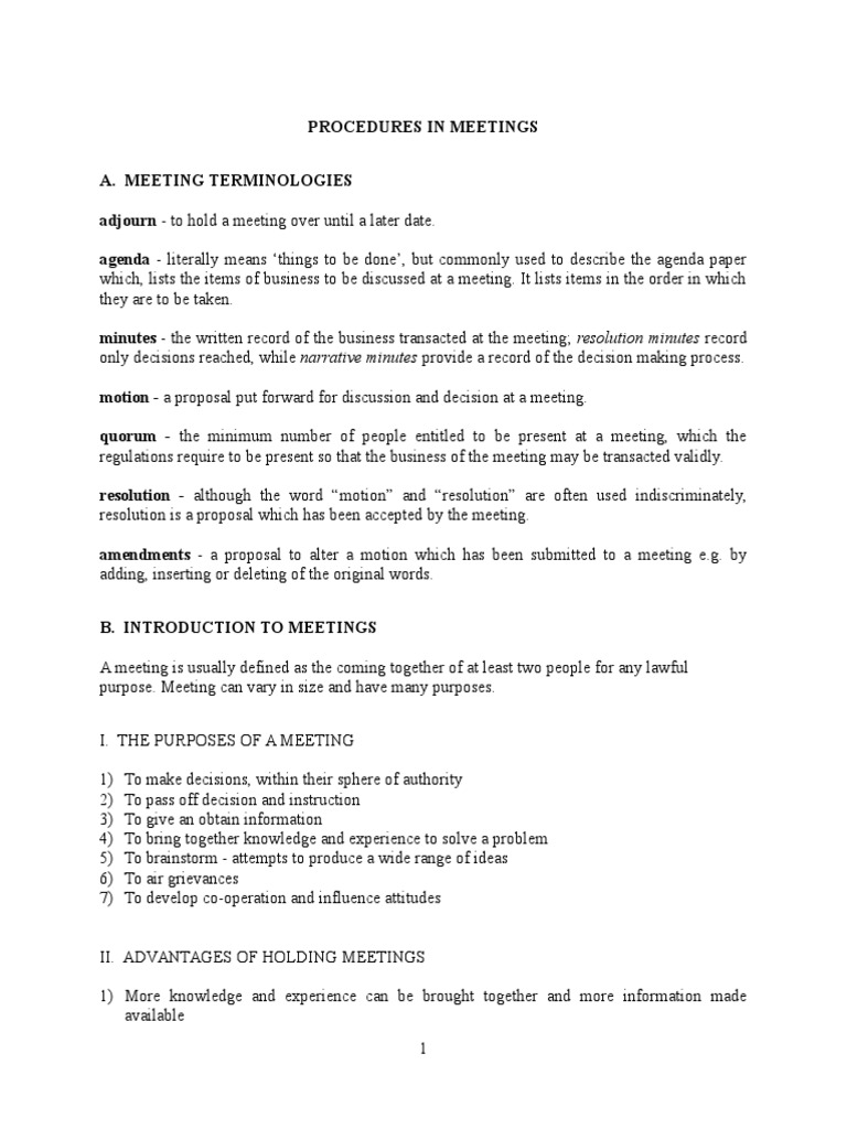 Procedures in Meetings | PDF | Chairman | Agenda (Meeting)