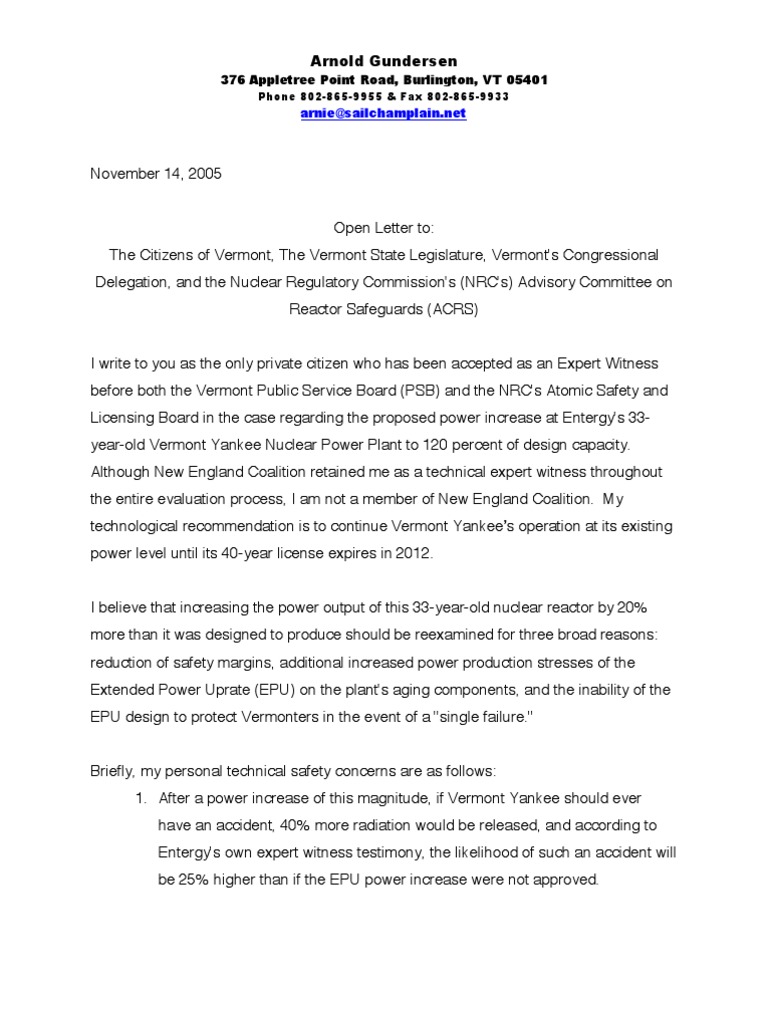 Gundersen Letter To NRC ACRS Re VY Uprate 11-05, Fairewinds Associates ...