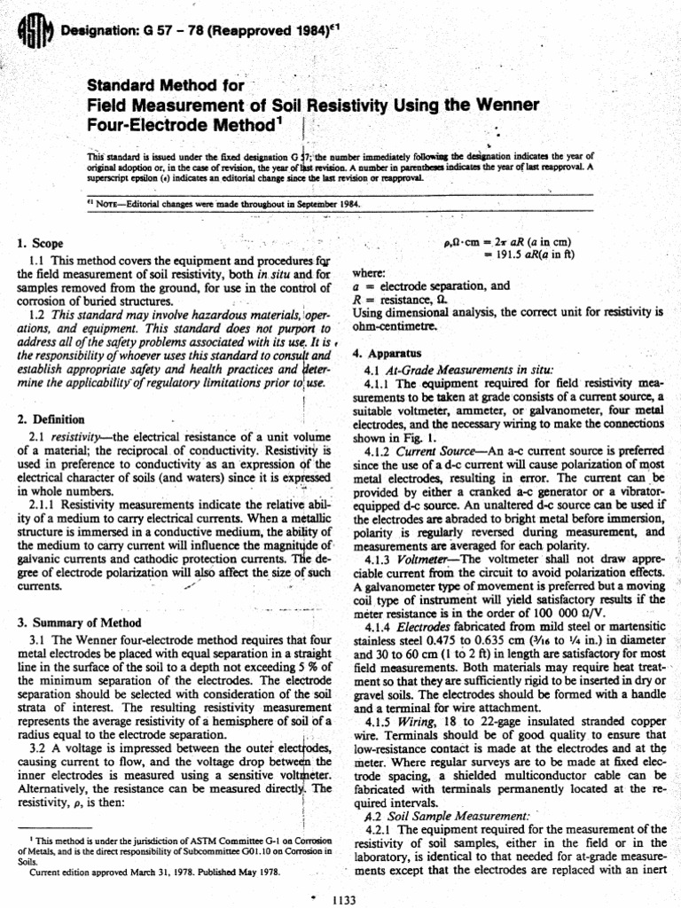 ASTM-G57-78 Method of Measuring Earth Resistivity | PDF