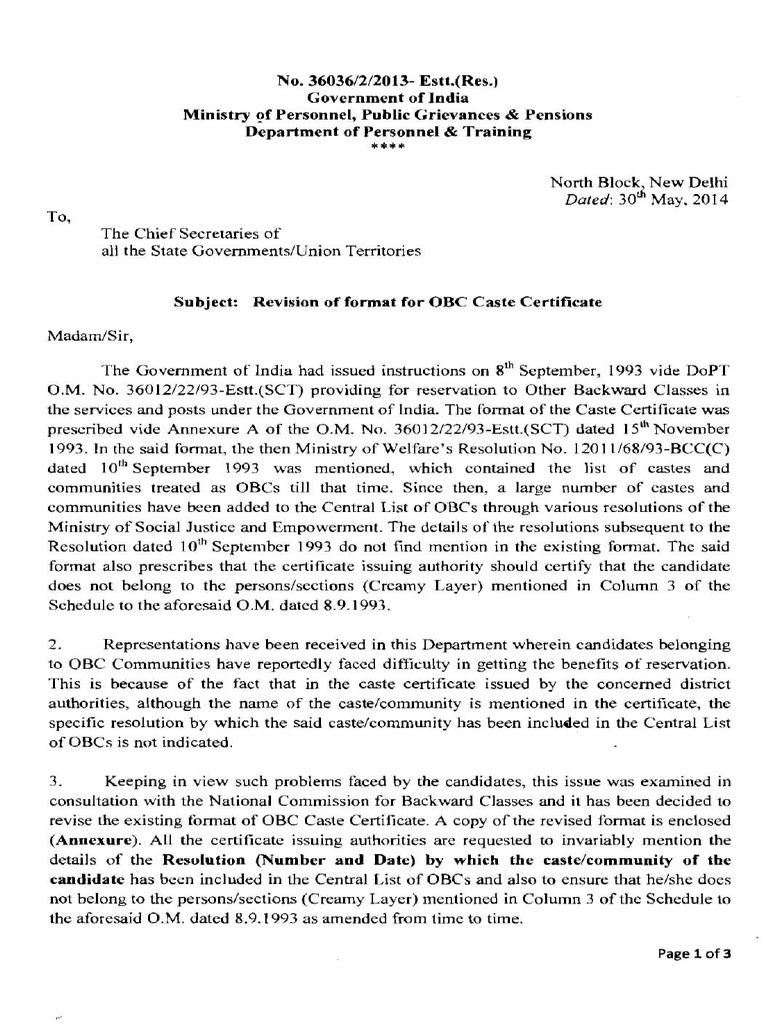 Revised OBC Caste Certificate Format | PDF | Independent India | Social ...